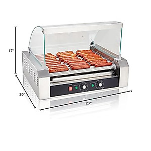 SYBO Hot Dog Roller, 30 Hot Dogs 11 Rollers Grill Cooker Machine with Removable Stainless Steel Drip Tray and Glass Hood Cover, 1430-Watts, Perfect for Commercial And Party