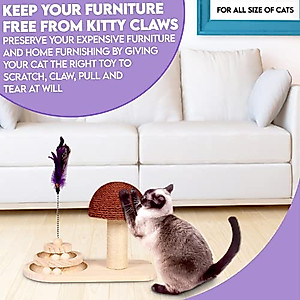 Paw Paw Babe 3 in 1 Cat Scratch Post - Wooden Base, Mushroom Sisal Post, Feather Stick - Cats Interactive Track Ball Toy - Cat Scratcher Toys for Indoor Fun