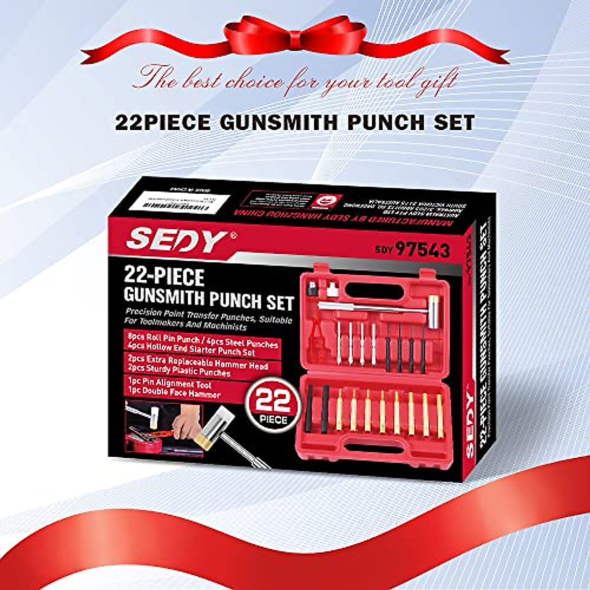 SEDY 18-Pieces Roll Pin Punch Set, Roll Pin Starter Punch, Brass, Steel, Plastic Punches & Brass/Polymer Hammer. Red Storage Carring Case provided
