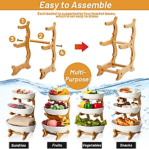 3 Tiered Fruit Basket Fruit Bowl for Kitchen Counter Fruit Bowl Bamboo Large Capacity Vegetable Storage Stand Wood Basket with 3 Pieces Porcelain Fruit Bowl Effortless to Clean Ceramic Fruit Holder