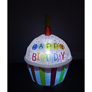 4 Foot Tall Cute Happy Birthday Inflatable Cupcake with Candle Lights Blowup Party Decoration for Outdoor Indoor Home Celebration Garden Yard Lawn Prop