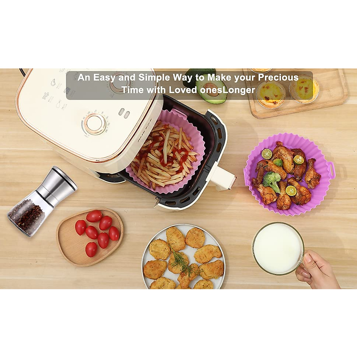 3 PCS of Air Friyer Liner, Air Fryer Silicone Liners Comes with Refillable Stainless Steel Grinder, Silicone Airfryer Liners, Round Air Fryer Accessories,Pink and Purple Silicone Air Fryer Liner