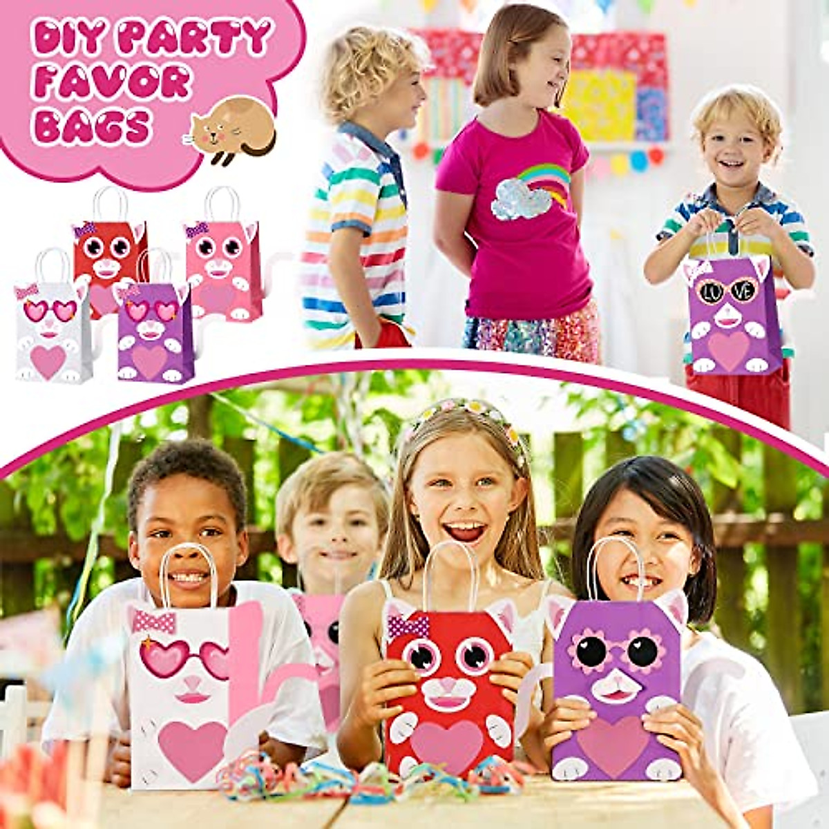 12 Pcs Valentine Treat Bags for Kids, Cat DIY Valentine Candy Treat Bags Kraft Paper Gift Bags Valentine Goodie Bags with 18 Accessories for Snack Party Favor and Students Classroom Gift Exchange