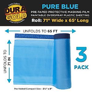 Dura-Gold 71" Wide x 65' Long Roll of Pure Blue Pre-Taped Masking Film, 3 Pack - Pre-Folded Overspray Paintable Plastic Protective Sheeting, Pull Down Drop Sheet - Auto Painting, Cover Walls Furniture