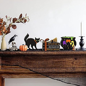 5PCS Halloween Wooden Signs Hocus Pocus, Decorative Wooden Faux Books Stack Black Cat Wood Table Signs, Cauldron Witches Sisters Halloween Tiered Tray Decor for Halloween Party Home Decorations