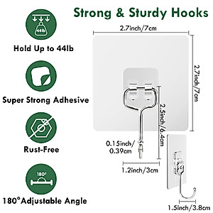 Lsnisni 20 Pack Large Adhesive Hooks, Wall Hooks for Hanging Heavy Duty 22Ib(Max), Clear and Removable Strong Sticky Hooks, Waterproof and Rustproof Multiple Uses for Bathroom Kitchen Office