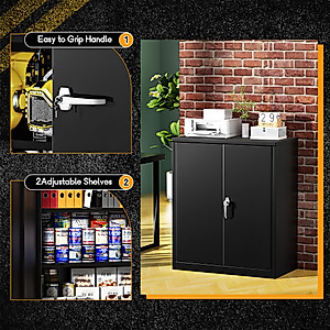 Greenvelly Metal Storage Cabinet, 42”Locking Storage Cabinet with Doors and Shelves, Black Lockable Storage Cabinets for Office, Utility Locker Cabinet, Steel Garage Cabinet with 2 Keys for Home