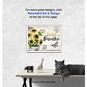 Just Breathe Sunflower Wall Art - Positive Quotes Wall Decor - Encouragement Gifts for Women - Inspirational Quotes Wall Decor - Uplifting Gifts for Women - Bedroom Wall Art Sign - Country Wall Art