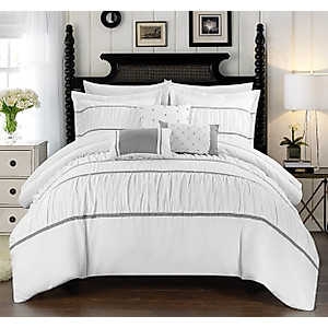 Chic Home Cheryl 10 Piece Comforter Complete Bag Pleated Ruched Ruffled Bedding with Sheet Set and Decorative Pillows Shams Included, Queen, White