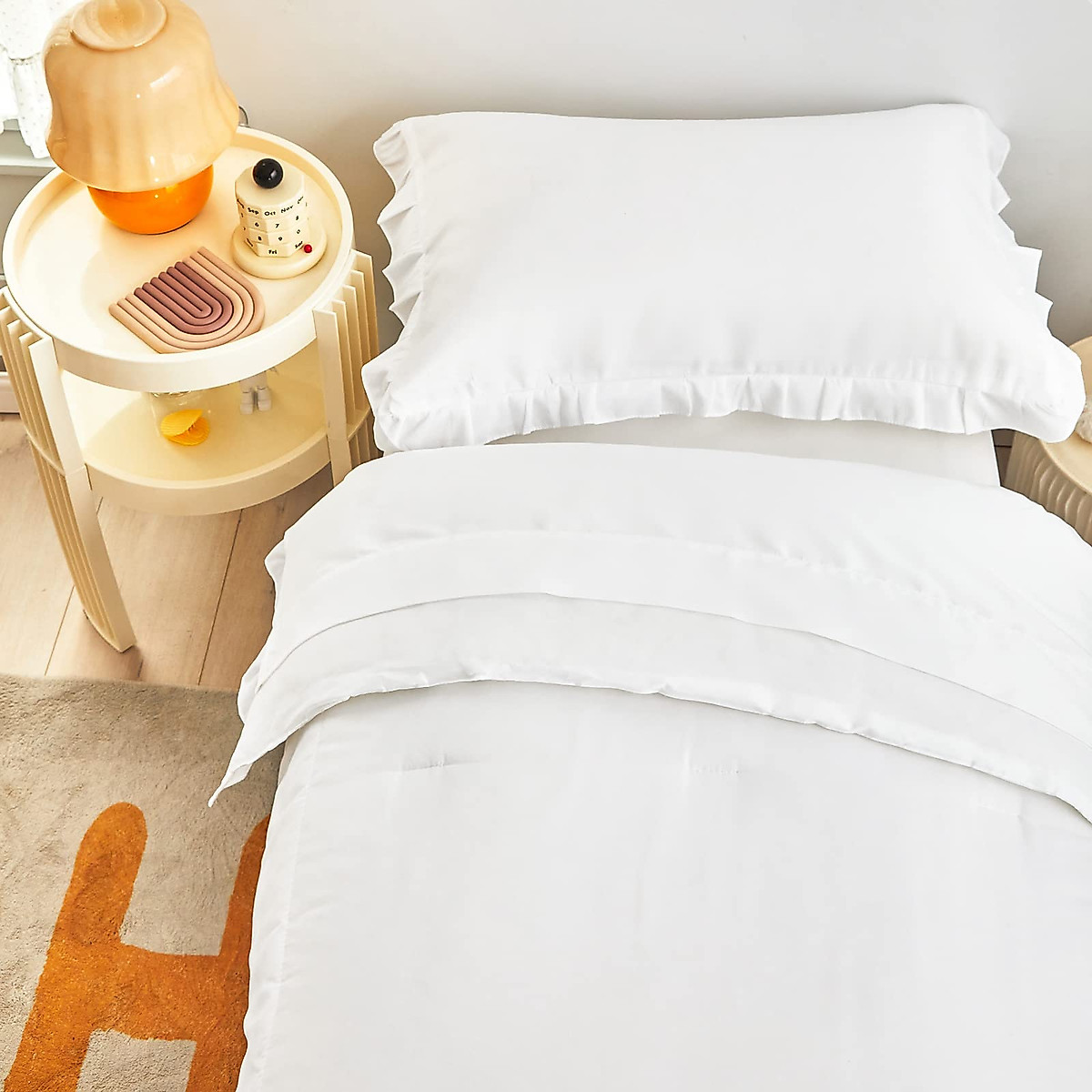 4 Pieces White Toddler Bedding Set with Ruffle Fringe, Solid Color Toddler Bed Set - 1 Toddler Comforter + 1 Fitted Sheet +1 Flat Sheet +1 Pillowcase for Baby Boys and Girls