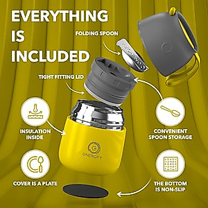 Vacuum Insulated Food Jar Portable 12oz Thermos incl. Folding Spoon, Cup. Hot & Cold Drinks Heated Soup Lunch Container for Kids and Women Premium BPA-Free Stainless Steel Leak Proof Starfruit Yellow
