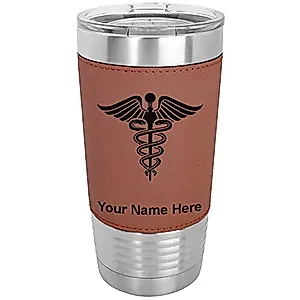 LaserGram 20oz Vacuum Insulated Tumbler Mug, Caduceus Medical Symbol, Personalized Engraving Included (Faux Leather, Dark Brown)