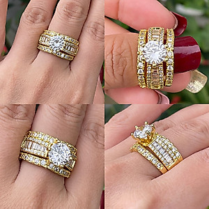 Ahloe Jewelry 2.3Ct Wedding Rings for Women Engagement Ring Set Bands 18k Yellow Gold Three in One Cz 3pcs Size 8