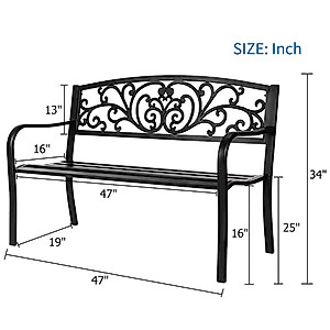 Patio Bench Park Bench, 50" Antique Powder Coated Iron Outdoor Metal Bench w/Floral Ivy Design Backrest, 400lbs Cast Iron Anti-Rust Sturdy Steel Frame Furniture for Porch Entryway Lawn Decor Deck