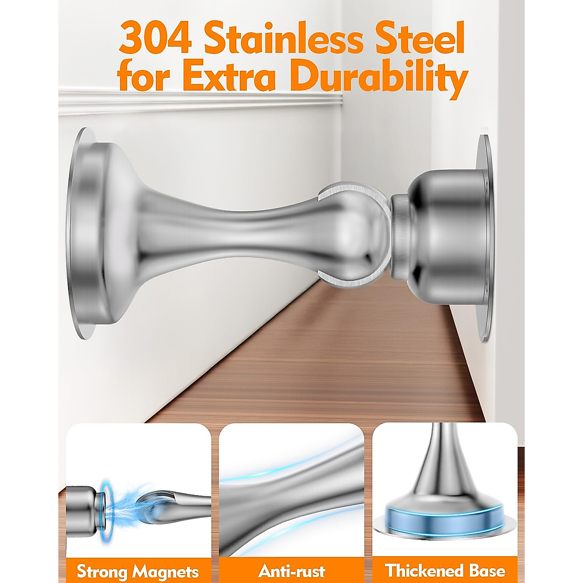 WINONLY Door Stopper, Magnetic Door Stop, Stainless Steel, Magnetic Door Catch, 3M Double-Sided Adhesive Tape, No Drilling, Screws for Stronger Mount, Hold Your Door Open, for Wide Doors (2)