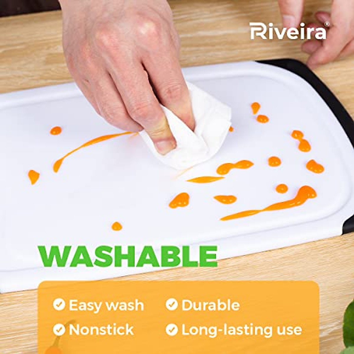 Riveira Plastic Cutting Board Set of 3 - Plastic Cutting Boards for Kitchen Dishwasher Safe Non-Slip - Plastic Cutting Board with Juice Groove - Lg 15.7" x 9.5" - Med 12.4" x 7.7" - Sm 9.8" x 5.8"