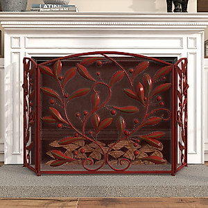 Deco 79 Metal Foldable Mesh Netting 3 Panel Fireplace Screen with Leaf and Vine Relief, 45" x 1" x 30", Brown