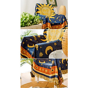 Erke Moon and Sun Throw Blanket Celestial Chair Recliner Cover Bed Spread Hippie Room Decor, Double Sided Cotton Woven Sofa Couch Furniture Aesthetic Throws - 50" X 70", Yellow/Blue