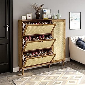 FOKWE Natural Rattan Shoe Cabinet, Shoe Cabinet with 3 Flip Drawers and Storage Shelves, Modern 3-Tier Shoe Rack Storage Cabinet for Entryway, Hallway, Bedroom(Walnut)