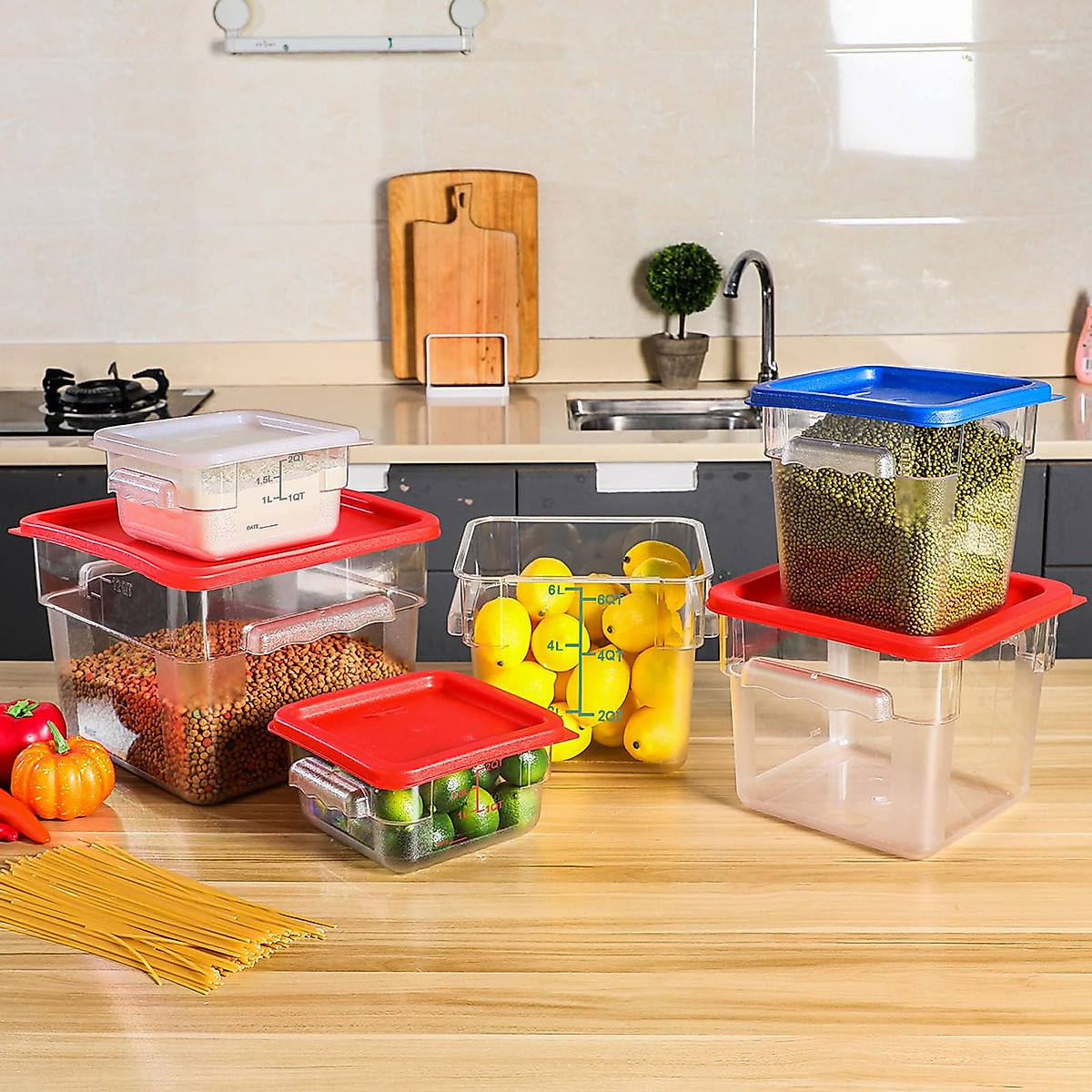 Maxcheck 4 Pcs 4Qt Food Storage Container with Lids Set Square Clear Commercial Containers with Scale and Handle Space Saving for Home Kitchen Restaurant Proof Dough Marinating Meat (Green)