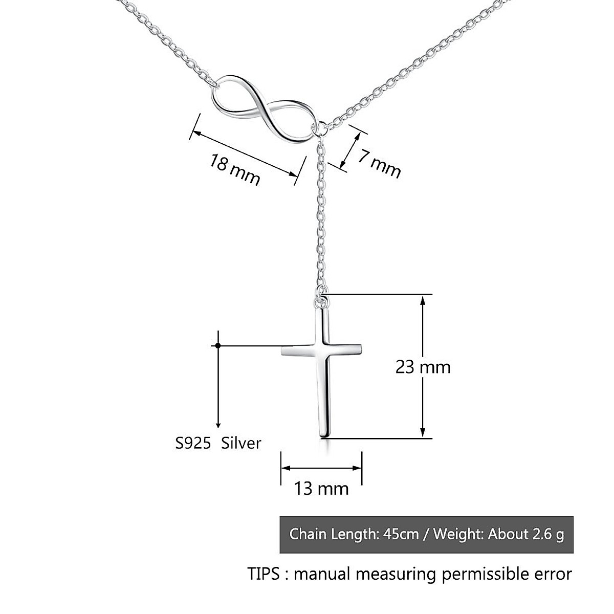 NA S925 Sterling Silver Infinity Cross Pendant Y Lariat Necklace for Women Birthday Baptism Easter Gift, 18 inch + 2 inch