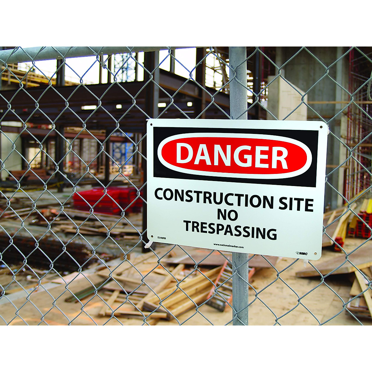 NMC D248RB DANGER - CONSTRUCTION SITE NO TRESPASSING Sign - 14 in. x 10 in. Rigid Plastic Danger Signage, Black/White Text on White/Red Base