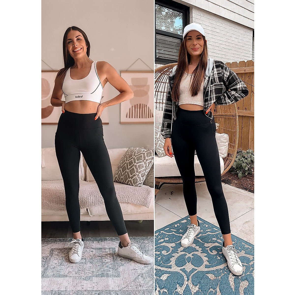 BALEAF Leggings with Pockets for Women Black Tummy Control Leggings Workout High Waisted Compression Yoga Ankle Pants Black L