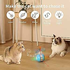 Vepnanline Cat Toys for Indoor Cats Automatic Interactive Cat Laser Toy Rechargeable Cat Ball Toys with Feathers(Blue)