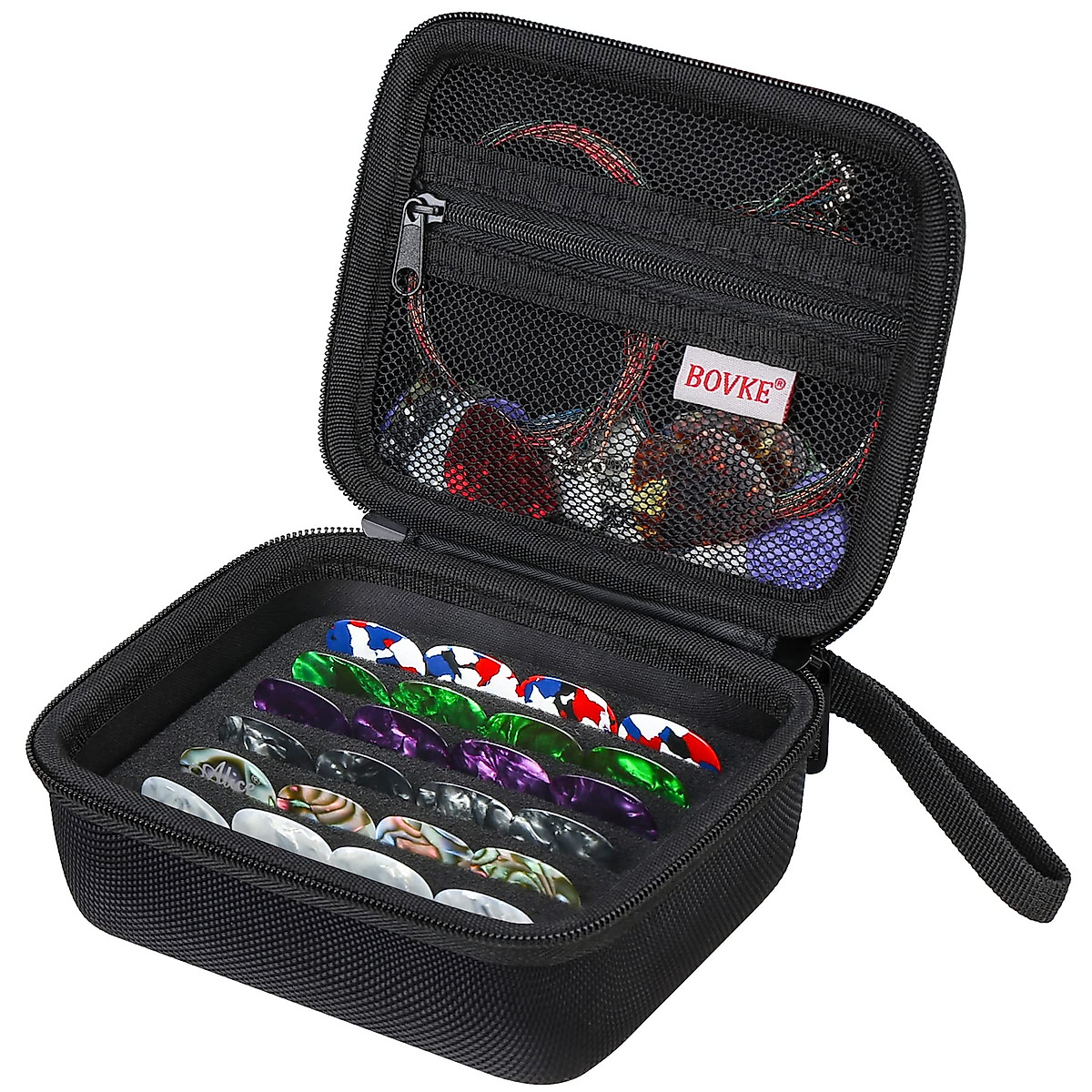 BOVKE Guitar Picks Holder Case for Fender, ChromaCast, D'Addario, JIM DUNLOP, Bolopick, MUSICAL INSTRUMENT All Size Guitar Picks, Mesh Pocket for String Winder, Bridge Pins, Black (Case Only)