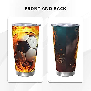 AYCZN Fire Soccer 20 OZ Tumbler Stainless Steel Travel Coffee Mug, Ball Sports Insulated Water Bottle with Lid and Straws Leakproof Thermal Cup