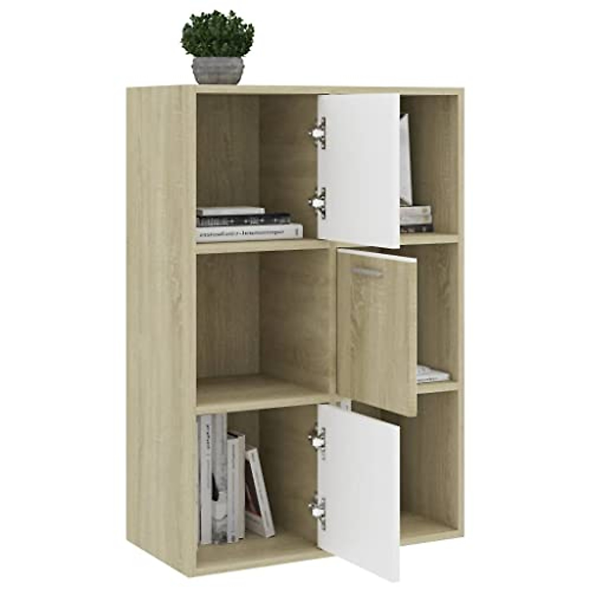 GOLINPEILO Bookcase Storage Organizer Cabinet with 3 Open Cubes and 3 Cubes with Doors, Open Sideboard Bookshelf, Modern Storage Display Cabinet, 23.6"x11.6"x35.4", White and Sonoma Oak