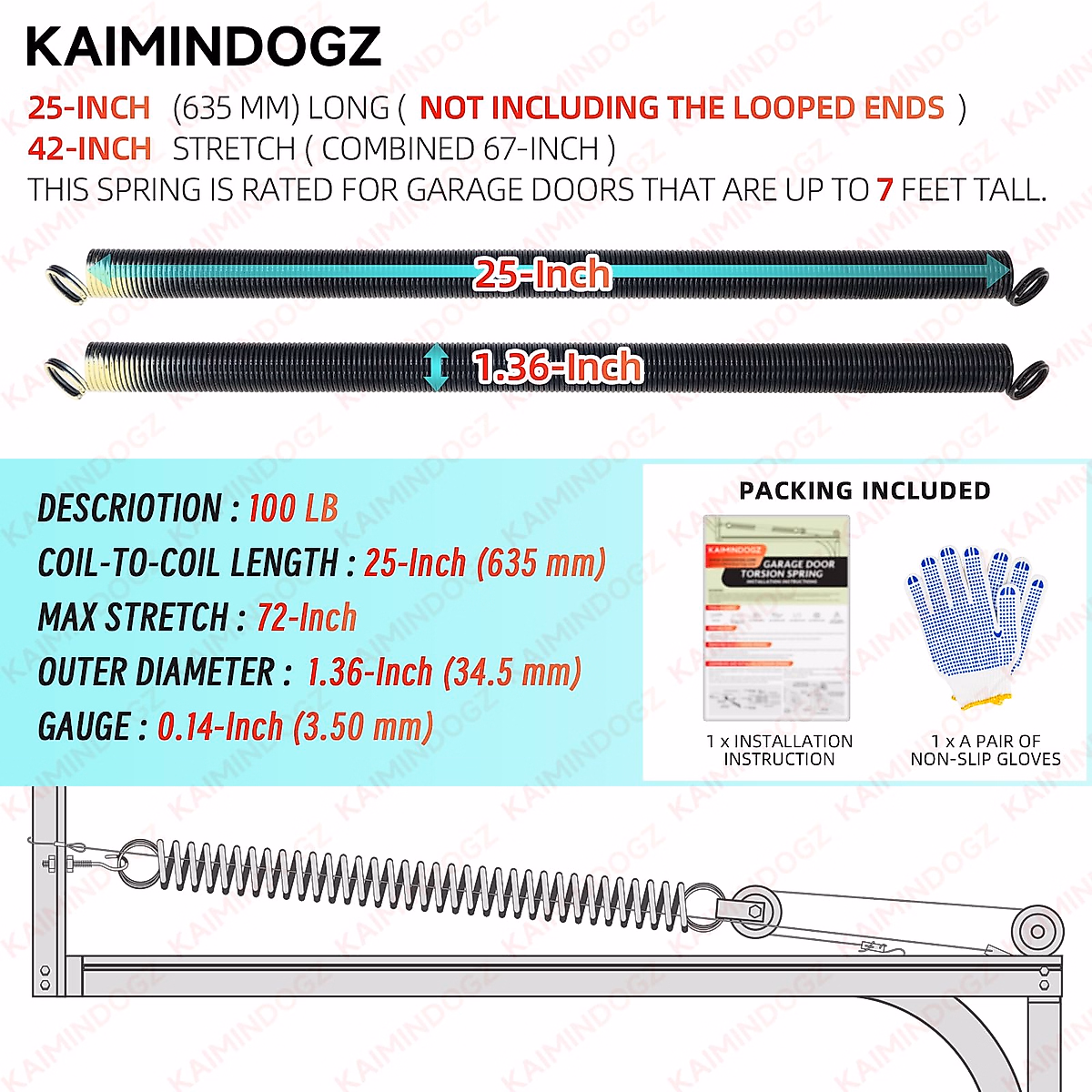 KaiMinDogz Pair of 100lb. Heavy Duty Garage Door Extension Springs Stretch Springs, 25" Long,Double Loop Ends, High Precision Electrophoresis Black Coated, MIN 16,000 Cycles, for 7ft High Garage Doors