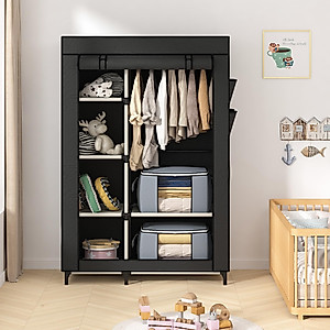 Calmootey Portable Closet, Wardrobe with 6 Shelves and Hanging Rod, Storage Organizer for Bedroom, Non-Woven Fabric Cover with 4 Side Pockets, Includes 2 Storage Bags for Clothes, Black