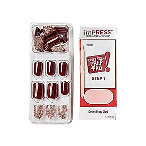 KISS imPRESS No Glue Mani Press On Nails, Design, 'No Other', Red, Short Size, Squoval Shape, Includes 30 Nails, Prep Pad, Instructions Sheet, 1 Manicure Stick, 1 Mini File