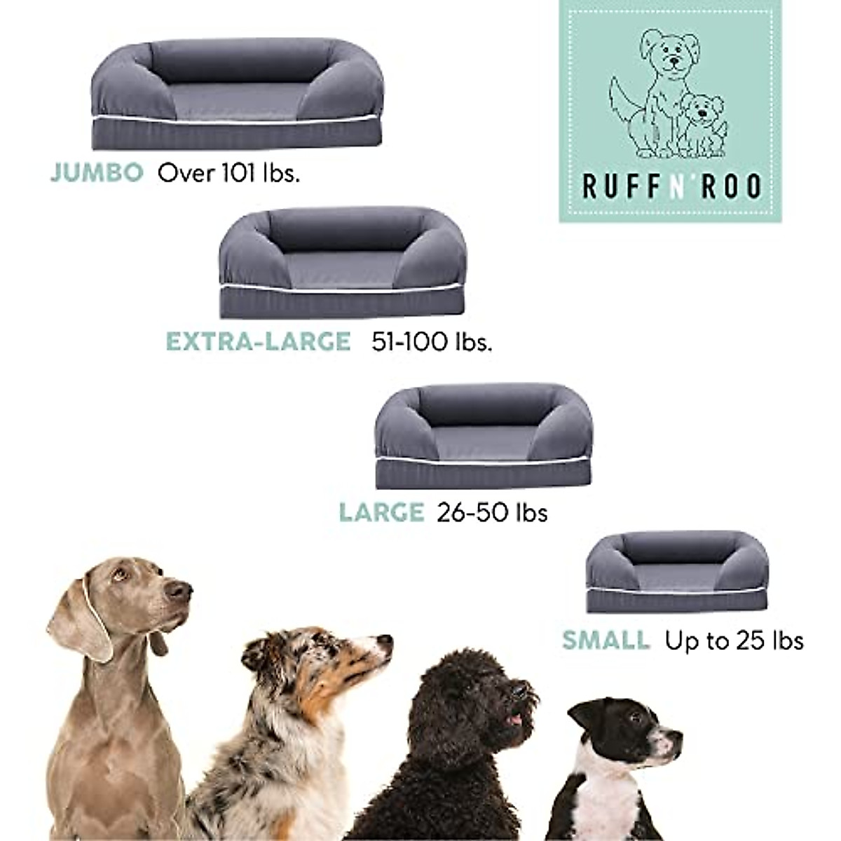 Classic Brands Ruff n' Roo X-Large Waterproof Bolster Cotton and Memory Foam Dog Bed with Non-Slip Bottom, Grey