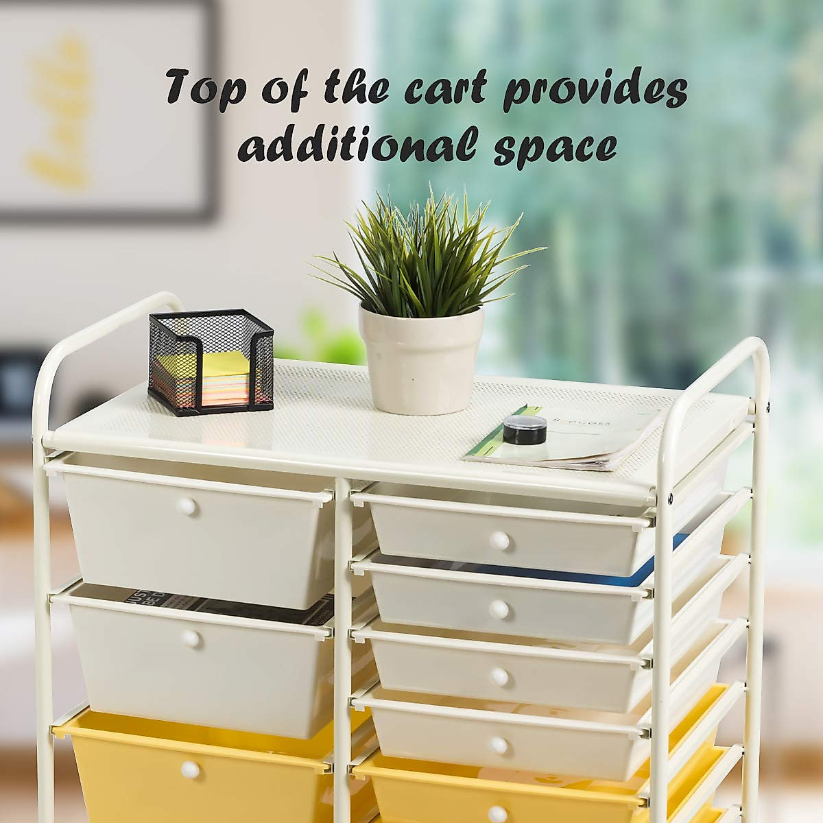 MEDIMALL 15 Drawers Rolling Storage Cart, Multipurpose Craft Storage Cart with Wheels, Mobile Tools Scrapbook Paper Organizer Cart for School Home Office Use (Yellow)