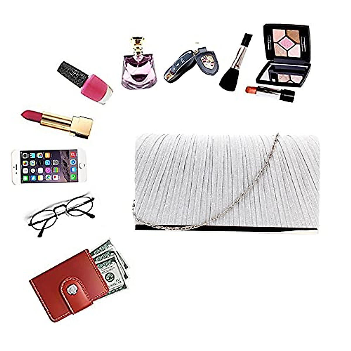 Felice Ann Mini Dazzling Sequins Pleats Evening Bag Party Prom Wedding Clutch Flap Handbag Cross Body Bag, Pleats Silver