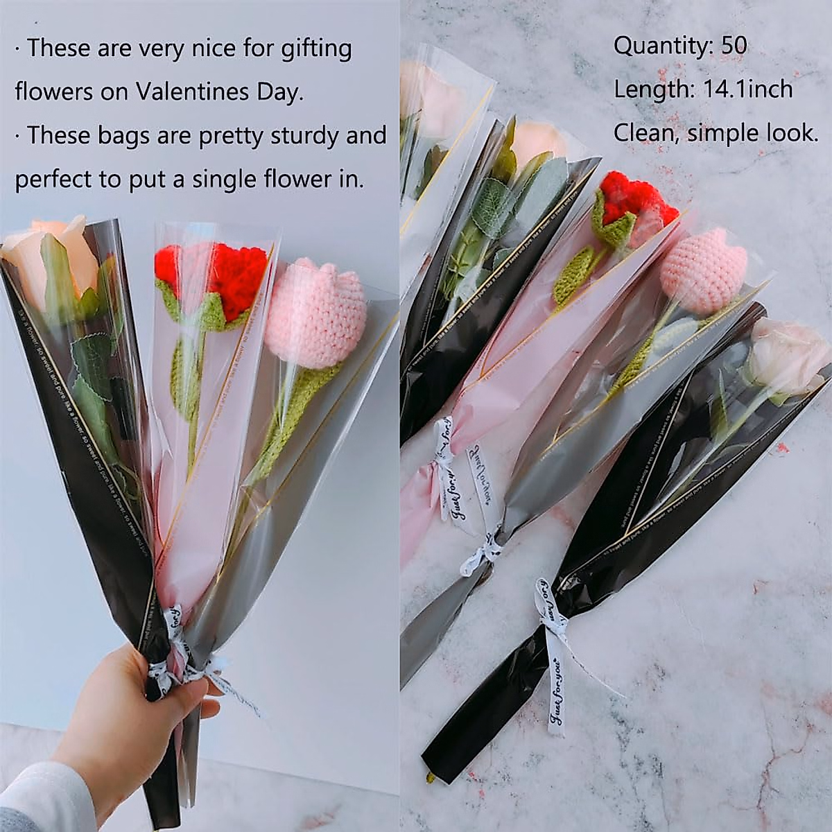 ZAYOIZY 50pcs Flower Bouquet Packaging Bags Single Rose Wrapping Sleeves Clear Cellophane Bags Plastic Bouquet Wrappers for Valentine' s Day Present, White