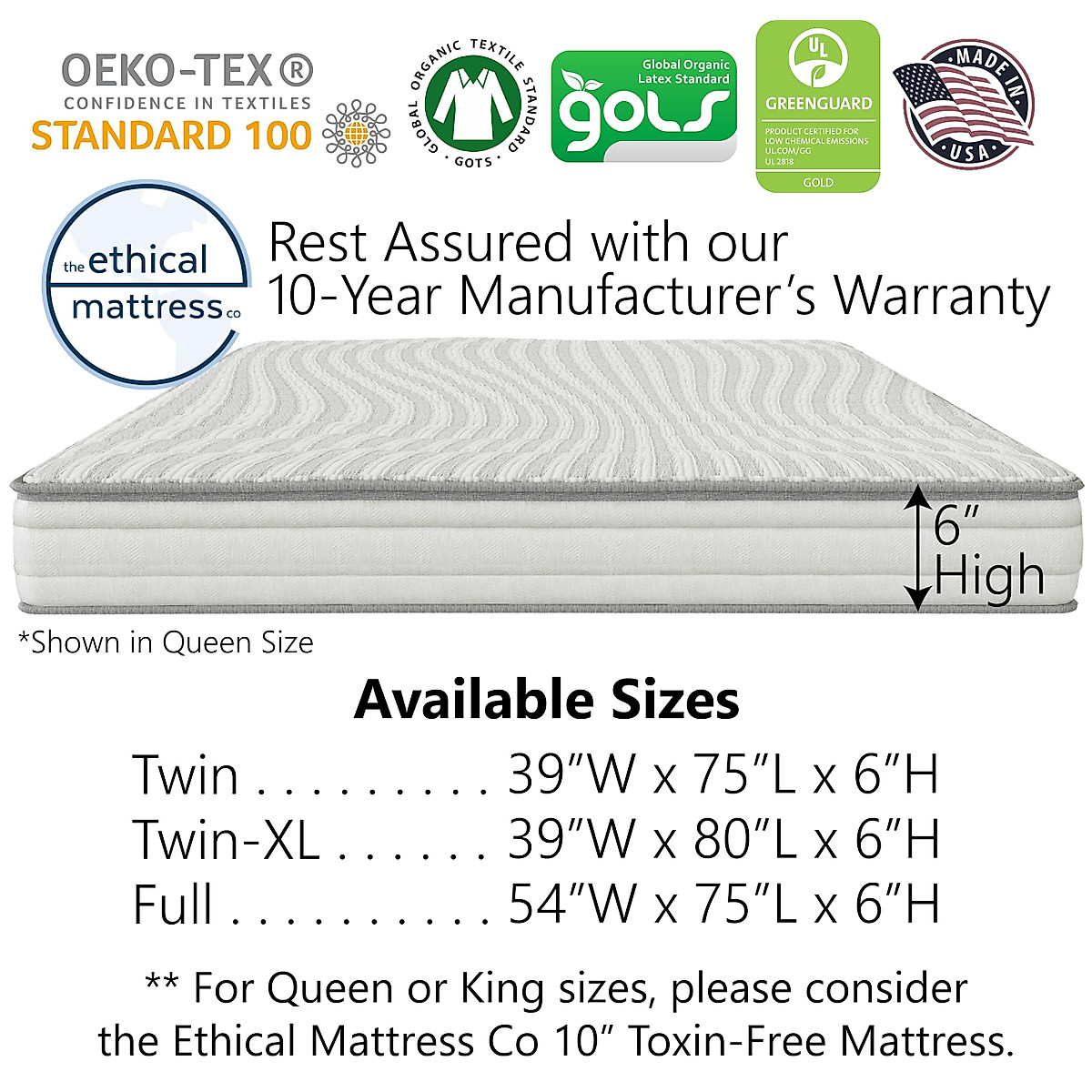ETHICAL MATTRESS CO 6" Kid’s Mattress, Toxin-Free, Made in the USA with Organic Cotton, Wool, Latex & Pocketed Coils (Mattress-in-a-Box); perfect for bunk beds, trundles & platform beds - Twin XL size