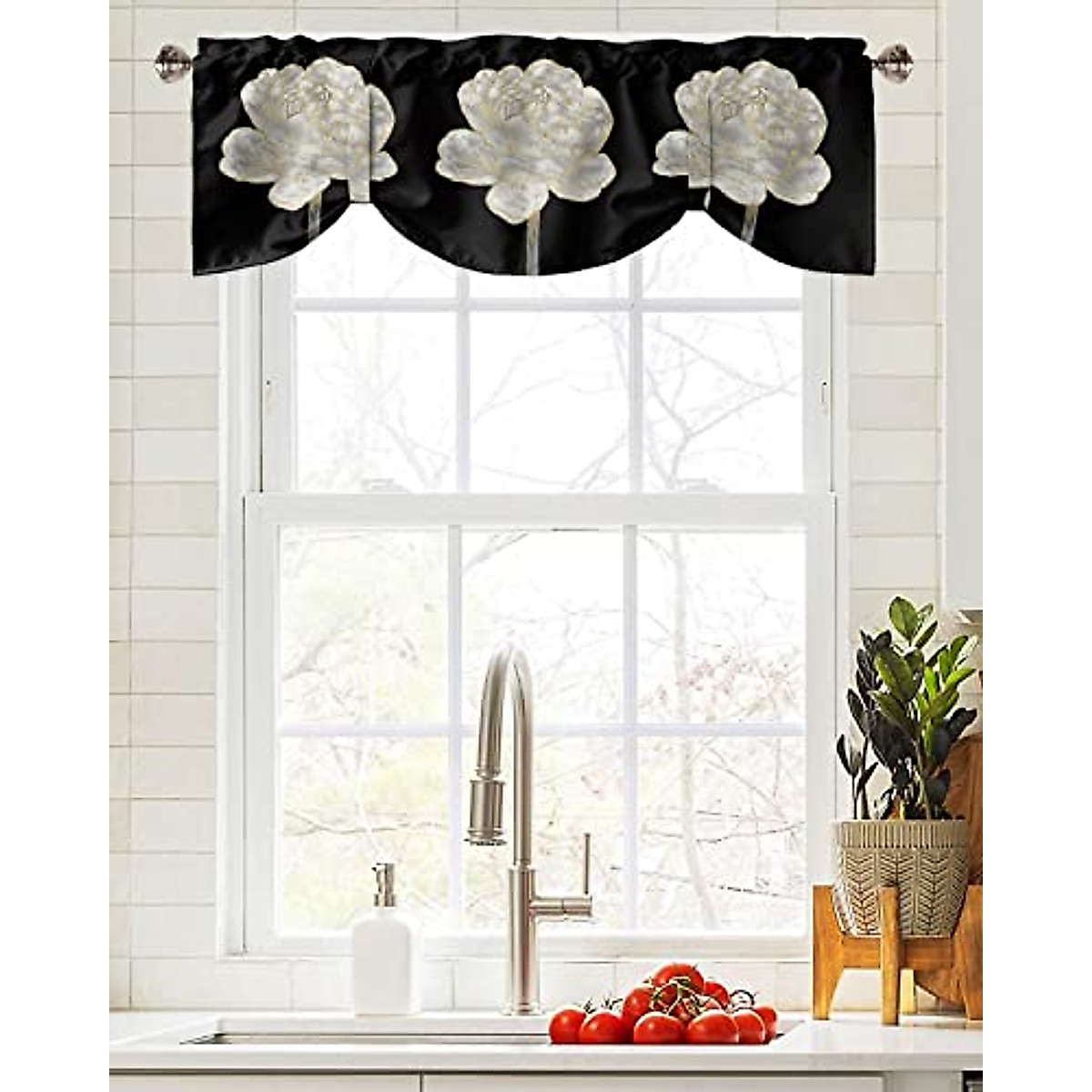 Semi Sheer Valance Adjustable Kitchen Valance for Windows, Abstract White Flower with Gold Border Black Valances for Bathroom Bedroom Living Room, Tie-up Rod Pocket Decorative Window Curtain 54"x18"