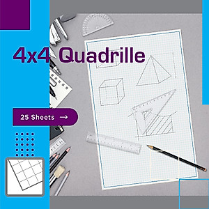 Graph Paper Pad, 17" x 11", 25 Sheets, Blue Line Border, Blueprint Paper, Double Sided, White, 4x4 Blue Quad Rule, Easy Tear Sheets, Grid Paper, Graph Paper by Better Office Products