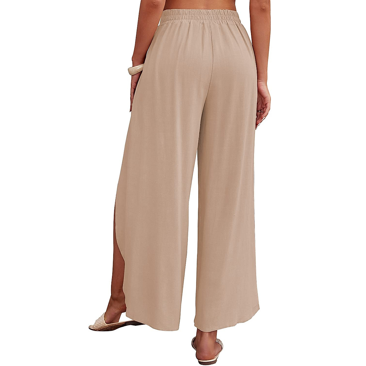 ReachMe Womens Casual Palazzo High Waisted Flowy Wide Leg Pants Bowtie Front Split Wrap Pants Trousers(1 Beige,XL)