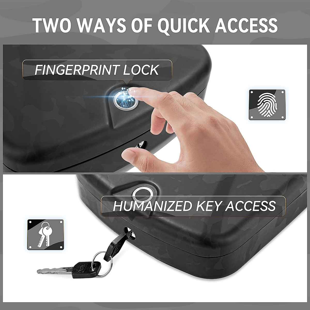 WINCENT Portable Gun Safe Quick Access Gun Safes for Pistols - Biometric Pistol Secure Safe Lock Box with Auto Open Lid & Fingerprints & Key for Car Travel Home - Black Camo