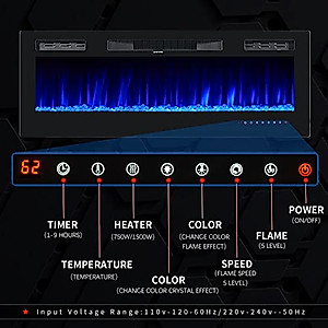 oneinmil Electric Fireplace, 50 inch Wide Recessed/Wall Mounted/Free Standing Electric Fireplace, Remote Control with Timer 12 Adjustable Color Flame, Remote Control,with Crystal Stone, 750/1500W