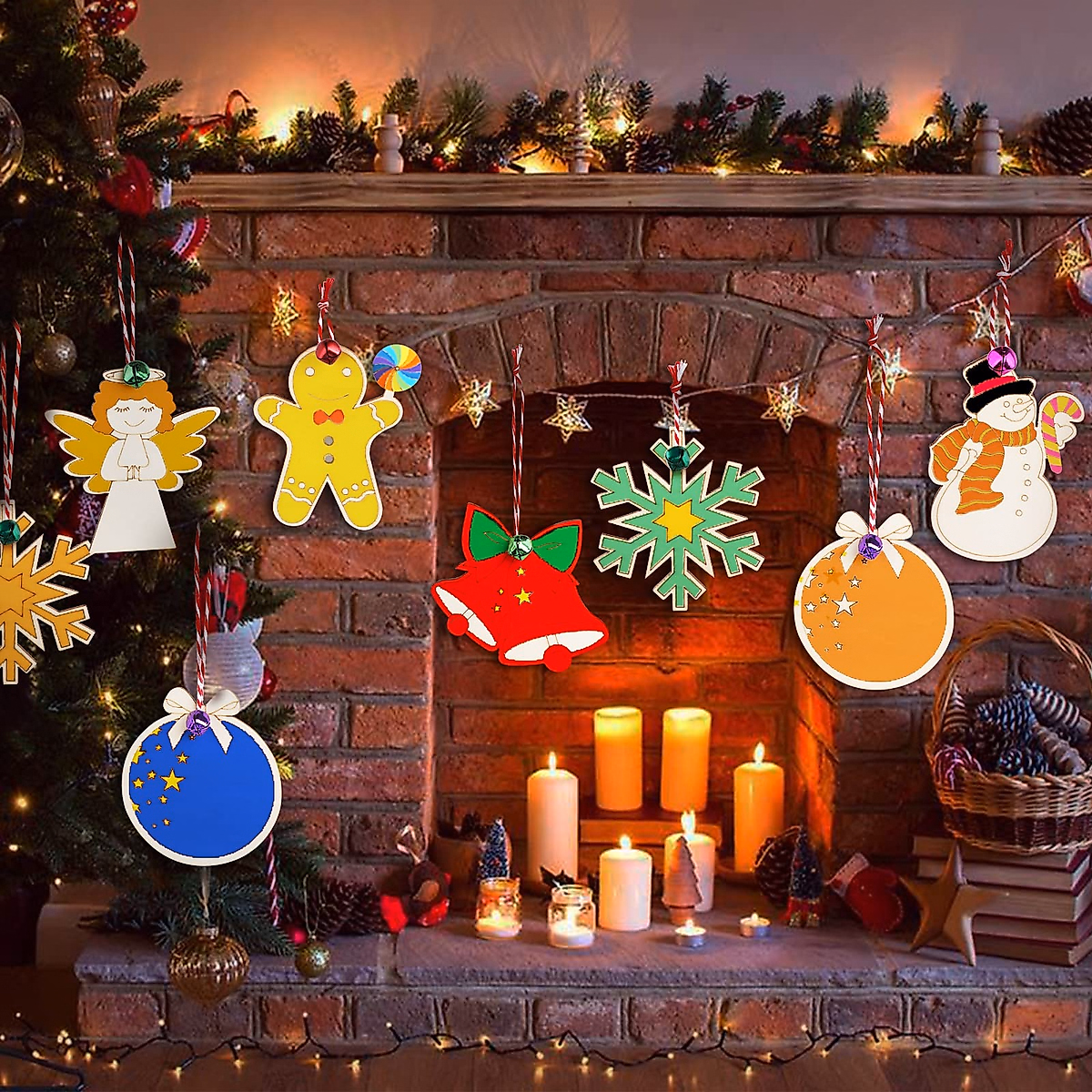 GUDELAK 48PCS Christmas Crafts for Kids, Wooden Christmas Ornaments Unfinished Wood Slices with 6 Styles, DIY Christmas Ornaments Kits for Christmas Tree Holiday Hanging Decorations