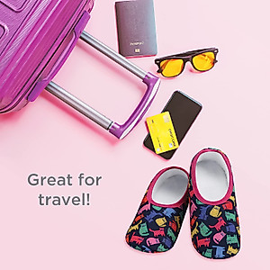 Snoozies Skinnies slipper socks for Women - Non-Slip slipper socks with Lightweight and Soft Sherpa Lining - Foldable Travel Sippers-Polka Dot Butterfly-Small