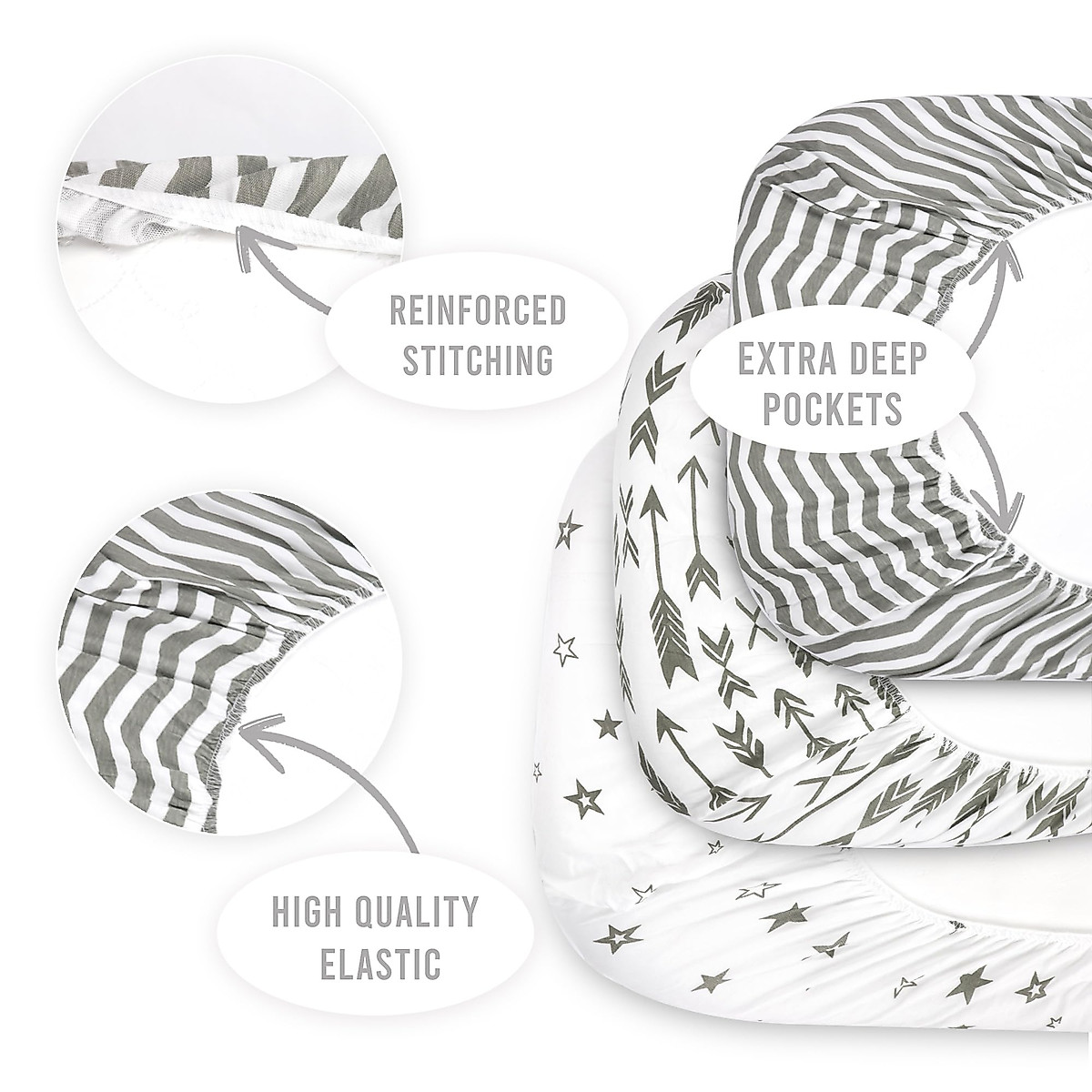 Baby Bassinet Sheet Set for Boy and Girl, 3 Pack Organic Universal Fitted for Oval, Hourglass & Rectangle Bassinet Mattress, Fitted Sheets Size 32 x 16 x 4 Inches, Grey-White