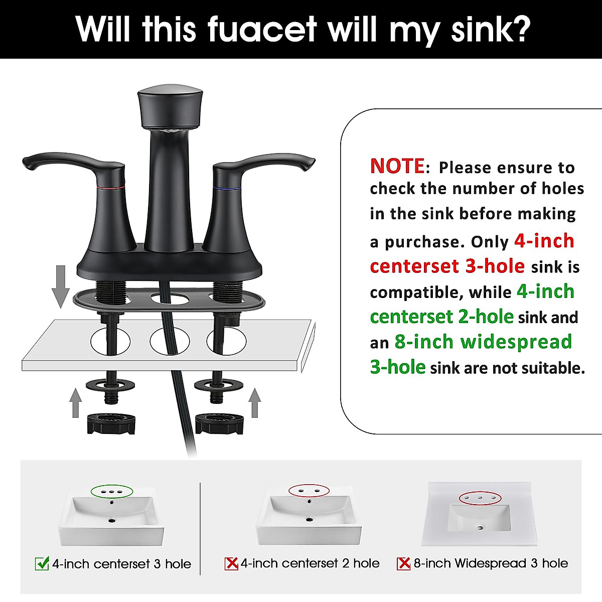 Besfelos Bathroom Faucet with Pull Out Sprayer, 4 Inch Centerset 3 Hole Faucet Utility Sink Faucet, 2 Handle Pull Out Faucet for Bathroom, Utility Sink or Laundry Tub, Matte Black