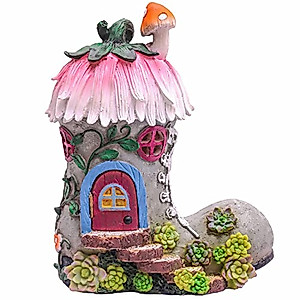 TERESA'S COLLECTIONS Boot Fairy House Garden Statues with Solar Light, Door Can Open Resin Fairy Garden Accessories Outdoor Cottage Figurines Lawn Ornaments for Outside Patio Yard Decorations, 8.8"