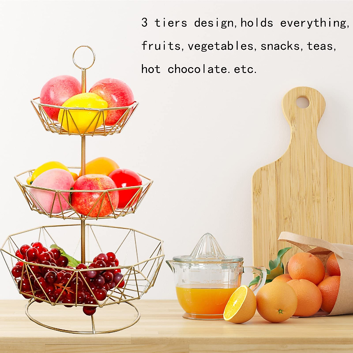 Nordic Style 3 Tier Fruit Basket for Kitchen Metal Wire Candy Fruit and Vegetable Storage Holder Fruit Bowl for Kitchen Counter Decor, Gold